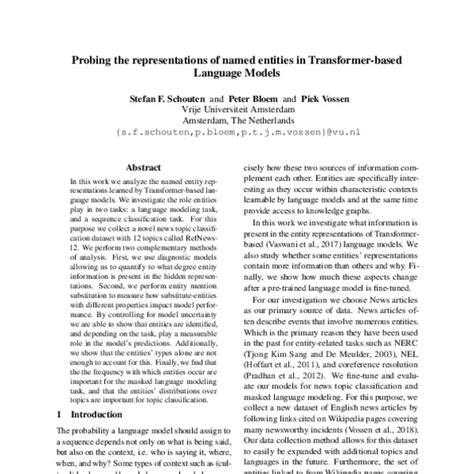 Probing The Representations Of Named Entities In Transformer Based Language Models Acl Anthology