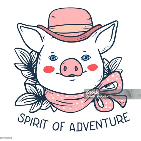 분홍색 카우보이 모자를 쓴 귀여운 만화 남성 돼지의 벡터 초상화 일러스트 단풍과 텍스트가 있는 목 손수건 0명에 대한 스톡 벡터 아트 및 기타 이미지 Istock