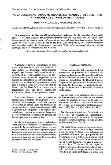Pdf New Conception For Baermann Moraes Coutinhos Techinique For The Searching Of Nematode Larvae