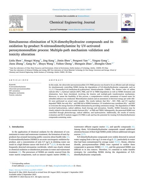 Pdf Simultaneous Elimination Of Nn Dimethylhydrazine Compounds And