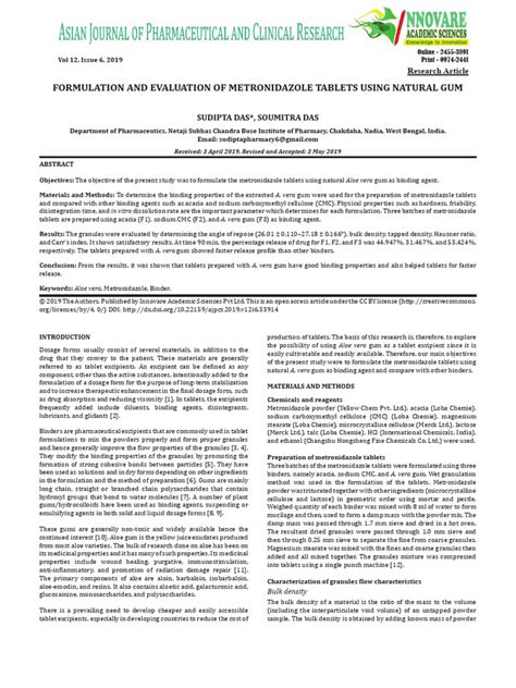 Formulation And Evaluation Of Metronidazole Tablet Pdf