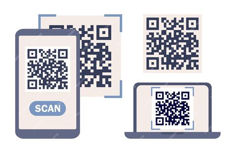 Qr 코드 아이콘 세트입니다 화면에 Qr 코드가 있는 전화 및 노트북 스마트폰으로 코드를 스캔합니다 프리미엄 벡터