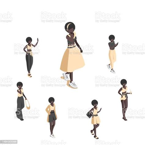 Wanita Afrikaamerika Isometrik Dalam Pakaian Dan Pose Yang Berbeda