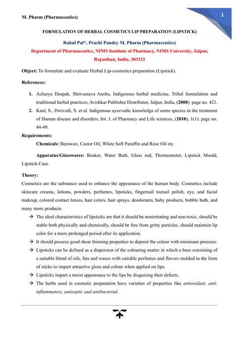 Pdf Formulation Of Herbal Cosmetics Lip Preparation Lipstick Cosmetic Products