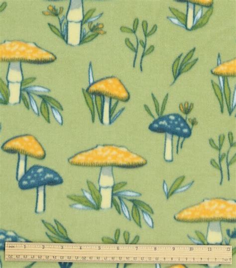 Mushrooms And Leaves On Green Anti Pill Plush Fleece Fabric Joann