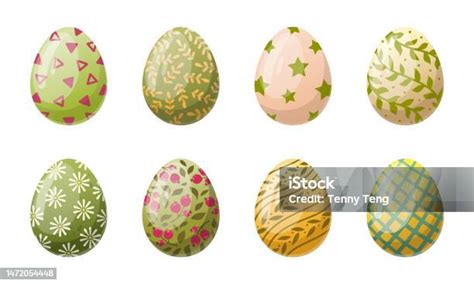 만화 부활절 달걀입니다 그린 봄 휴가 계란 전통적인 계란 사냥 초콜릿 계란 평면 벡터 일러스트 레이 션 세트 4월에 대한 스톡