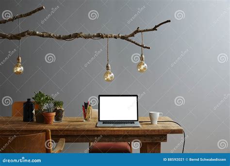creative workspace retro design desk organic lamp design stock image