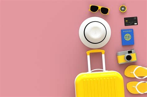 분홍색 배경에 여행자 액세서리와 현대적인 노란색 가방 가방을 닫습니다 여행 개념 휴가 여행 공간을 복사합니다 최소한의 스타일 3d 렌더링 일러스트레이션 3차원 형태에 대한