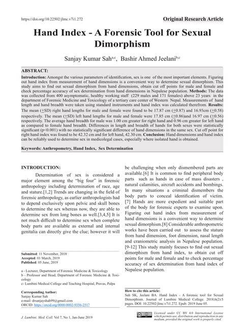 Pdf Hand Index A Forensic Tool For Sexual Dimorphism