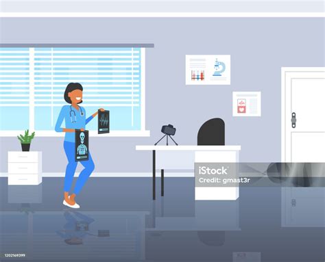 여성 의사 블로거 검사 엑스레이 사진 외과 의사 녹화 비디오 카메라와 삼각대 의학 블로깅 개념 현대 클리닉 내부 전체 길이 수평 X 레이에 대한 스톡 벡터 아트 및 기타