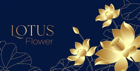 Flor De Lótus Dourada E Folhas Em Fundo Escuro Vetor Premium