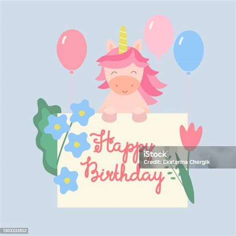 유니콘과 꽃생일 축하 인사말 카드 휴일에 대한 템플릿 전단지 배너 플랫 벡터 그림입니다 0명에 대한 스톡 벡터 아트 및 기타