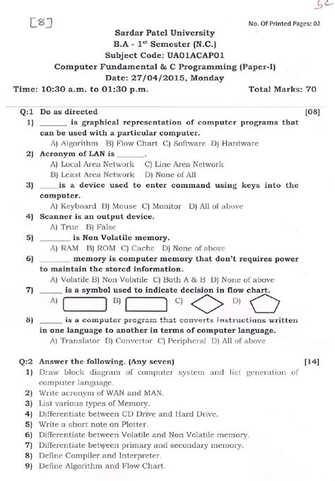 Spu Ua Acap Computer Fundamental And C Programming Question Paper University Question