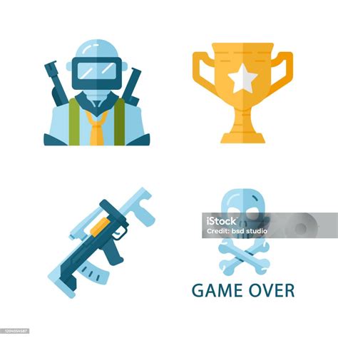 온라인 게임 인벤토리 플랫 디자인 긴 그림자 색상 아이콘 세트 E스포츠 사이버 스포츠 배틀 로얄 컴퓨터 게임 장비 군인 컵 무기 게임을 통해 승리 벡터 실루엣 일러스트레이션