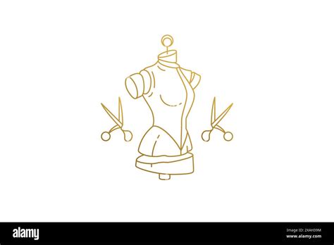 Mannequin And Scissors Silhouette Linear Vector Illustration Golden