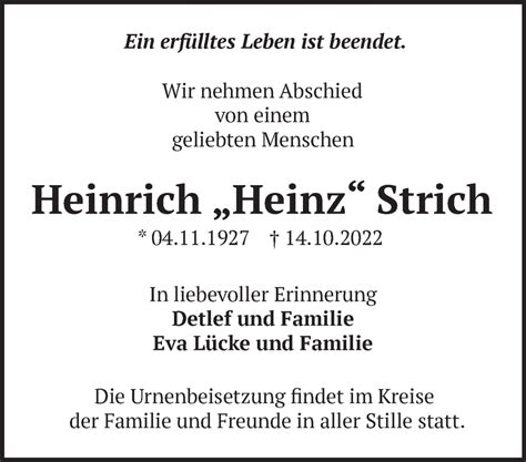 Traueranzeigen Von Heinrich Strich Märkische Onlinezeitung Trauerportal