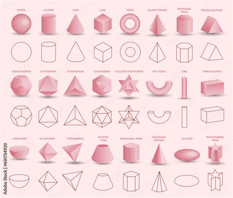 Set Of Vector Realistic 3d Pink Geometric Shapes Isolated On Background Mathematics Of