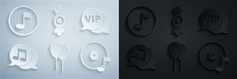 리본이 있는 풍선 말풍선의 Vip 음표 비닐 디스크 사탕 및 톤 아이콘을 설정합니다 벡터 3차원 형태에 대한 스톡 벡터 아트 및