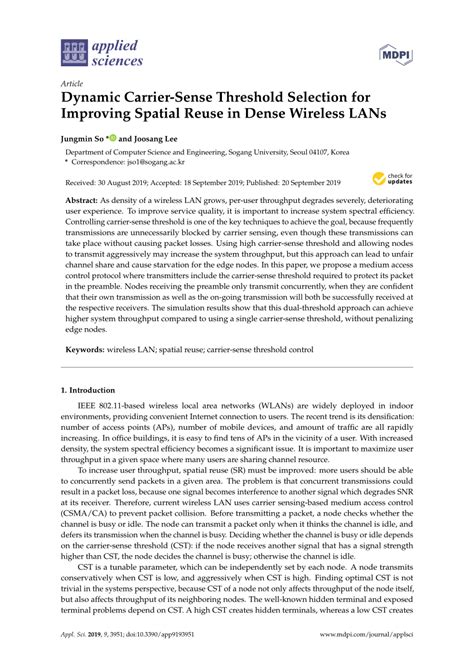 pdf dynamic carrier sense threshold selection for improving spatial