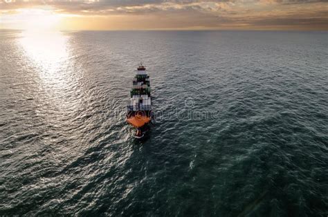 Pretty Landscape Of A Container Ship Seen From The Sky Crossing The