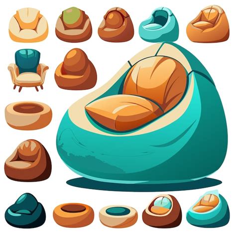 Set Of Colorful Beanbag Chairs In Various Shapes And Sizes Isolated On