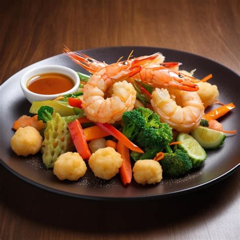 Premium Photo Fried Shrimp And Vegetables With Crispy Flour
