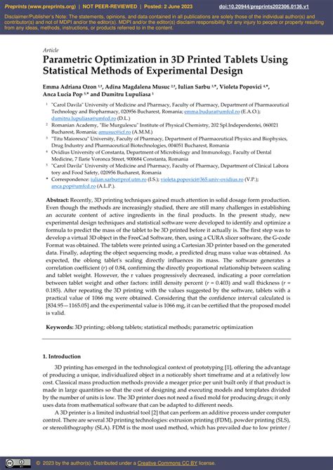 PDF Parametric Optimization In D Printed Tablets Using Statistical Methods Of Experimental Design