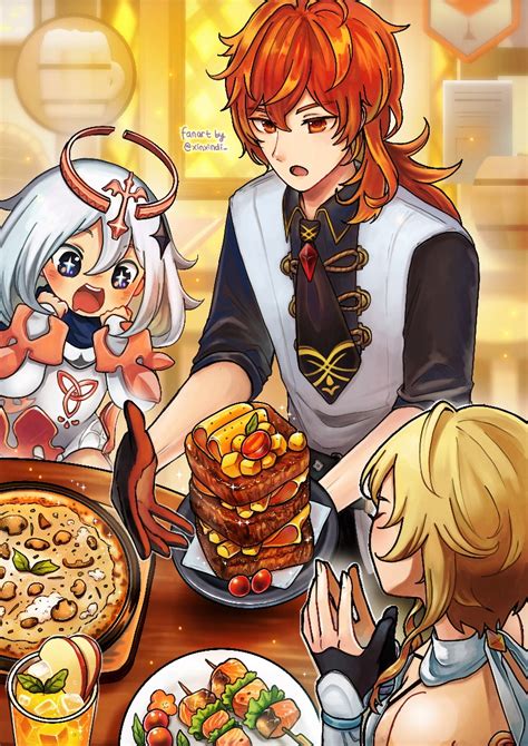 Lumine Paimon And Diluc Genshin Impact Drawn By Xindi Danbooru