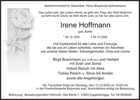 Traueranzeigen Von Irene Hoffmann Trauerportal Ihrer Tageszeitung