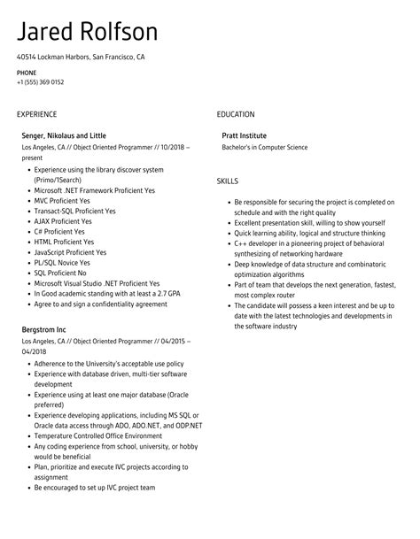 Object Oriented Programmer Resume Samples Velvet Jobs