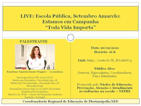 Setembro amarelo Núcleo de Educação promove live sobre saúde mental
