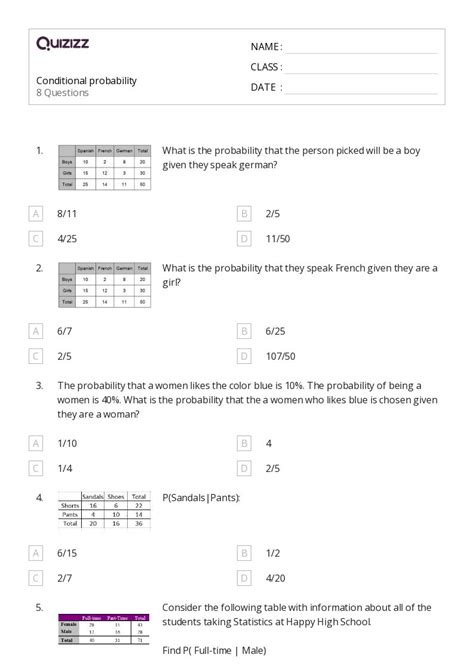 Conditional Probability Worksheets For Th Grade On Quizizz Free Printable