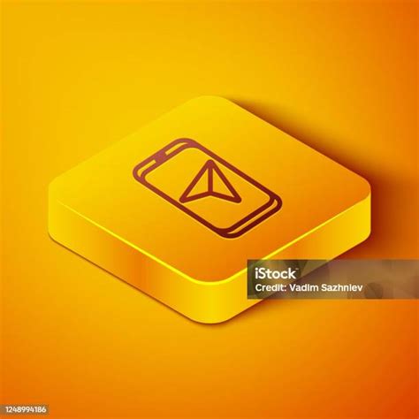 주황색 배경에 격리된 도시 지도 탐색 아이콘의 등색 선 인포그래픽 모바일 앱 인터페이스 컨셉 디자인 지오라세이션 개념 노란색 정사각형 버튼입니다 벡터 일러스트레이션 3차원