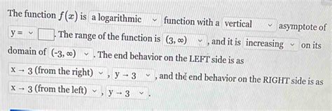 Solved The Function F X Is A Logarithmic Function With A Vertical Asymptote Of Y The Range