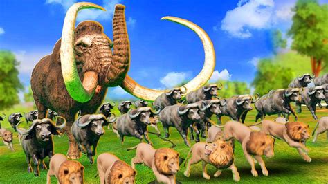 Woolly Mammoth Vs 5 Giant Lions Attack Buffalos Saved By Monster