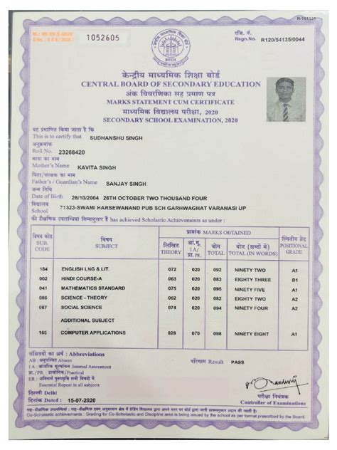 Class 10 Marksheet Pdf