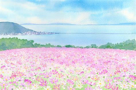 일본 노코노시마에서 피는 풍경의 수채화 그림 후쿠오카 현에 대한 스톡 벡터 아트 및 기타 이미지 후쿠오카 현 수채화