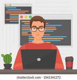 Man Programmer Working Laptop Code Programmer Stock Vector Royalty Free Shutterstock
