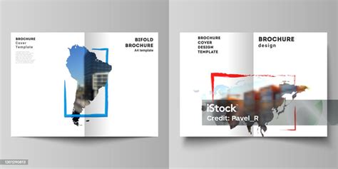 이중 브로셔 전단지 커버 디자인 책 디자인 브로셔 커버를 위한 두 개의 A4 커버 모형 템플릿의 벡터 레이아웃 세계지도와 컬러 프레임의 형태로 템플릿을 디자인 사진을