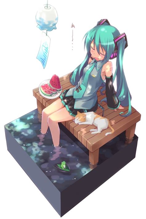 Safebooru Aqua Hair Arm Support Barefoot Cat Closed Eyes Detached