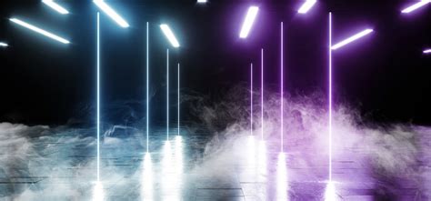 연기 네온 가상 현실 어두운 그런 지 구체적인 배경 아스팔트 광학적 인 환상 형광 파란 자주색 활기찬 빛나는 빈 공간 공상 과학 Fi 미래 우주선 단계 3d 렌더링 0명에