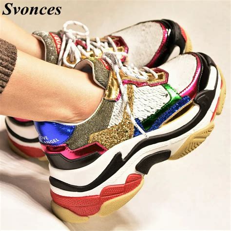 Svonces Designer Triple Sole Low Top Trainers Women Multicolor Sequin