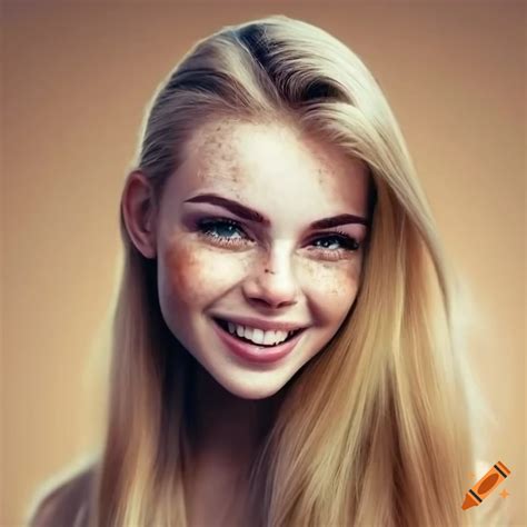 Portrait Of A Beautiful Young Woman With Freckles And Blonde Hair On