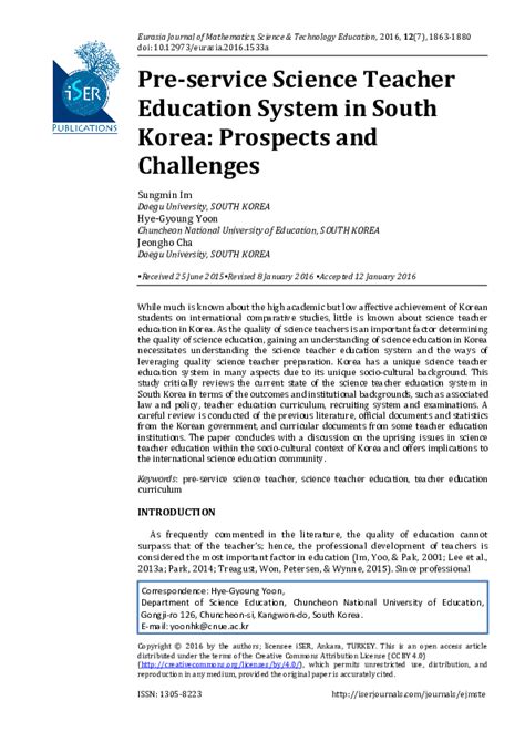 Pdf Pre Service Science Teacher Education System In South Korea Prospects And Challenges