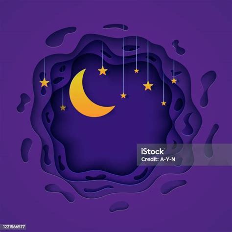 종이 컷 스타일의 둥근 보라색 모양의 밤 하늘 로프와 달 종이 컷 예술에 별보라색 흐린 풍경 3d 배경 종이 접기 자정 소원 좋은 밤 달콤한 꿈을위한 벡터 카드입니다