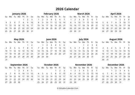 Download Minimalist Fillable Calendar 2026 Weeks Start On Sunday