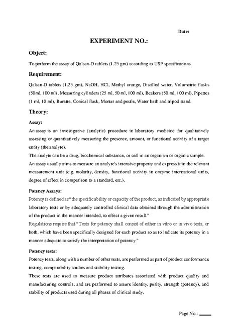 Title Experiment No Assay Of Tablets 125 Gm Qalsan D Tab