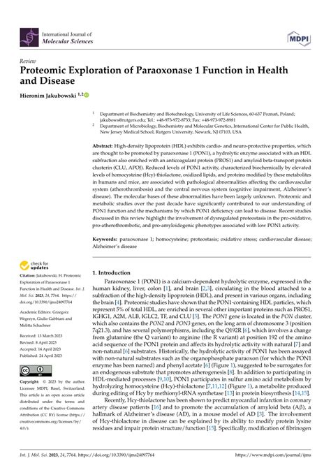 Pdf Proteomic Exploration Of Paraoxonase 1 Function In Health And Disease