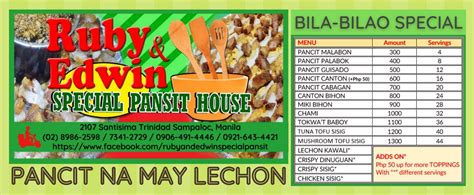 Menu At Ruby And Edwin Special Pansit House Restaurant Quezon City