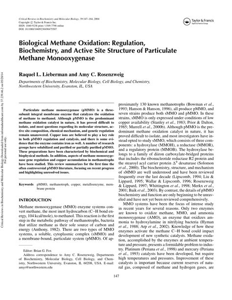 Pdf Biological Methane Oxidation Regulation Biochemistry And